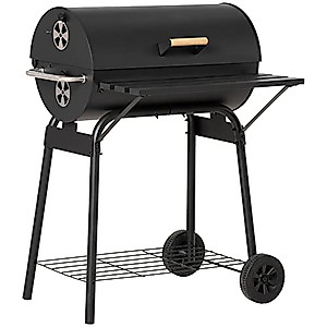 Outsunny 30" Portable Barrel Charcoal BBQ Grill with 4-Position Adjustable Charcoal Rack, Carbon Steel Outdoor Barbecue Smoker with Storage Shelf, Wheel, for Garden Camping Picnic