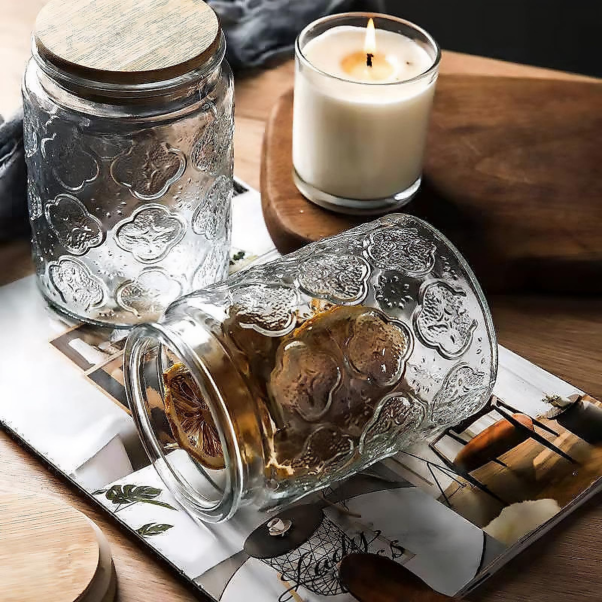 Custde Glass Storage Jars With Airtight Lid, 23.7 FL oz Canister For Kitchen Counter with Bamboo Lid, brown sugar, candy, coffee, cookie, salt, tea, cute Jar (Sunflower*1)