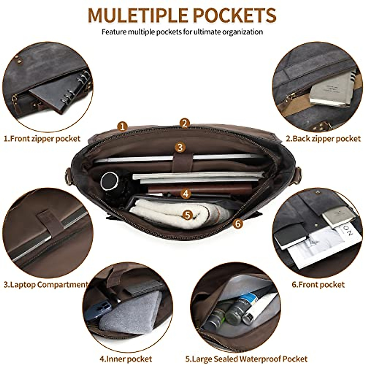 Wogarl Mens Messenger Bag 15.6 Inch Genuine Leather Waxed Canvas Computer Laptop Bag Briefcase Large Satchel Shoulder Bag with Leather Portfolio,Black