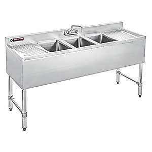 DuraSteel 3 Compartment Stainless Steel Bar Sink with 10" L x 14" W x 10" D Bowl - Underbar Basin - NSF Certified - Double Drainboard, Faucet Included (Restaurant, Kitchen, Hotel, Bar)