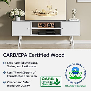 Cozy Castle TV Stand for 50/55/60 inch TV, Mid-Century Modern TV Stand with Storage, Entertainment Center TV Console, White TV Stand with Adjustable Shelves, TV Media for Living Room, Bedroom, White