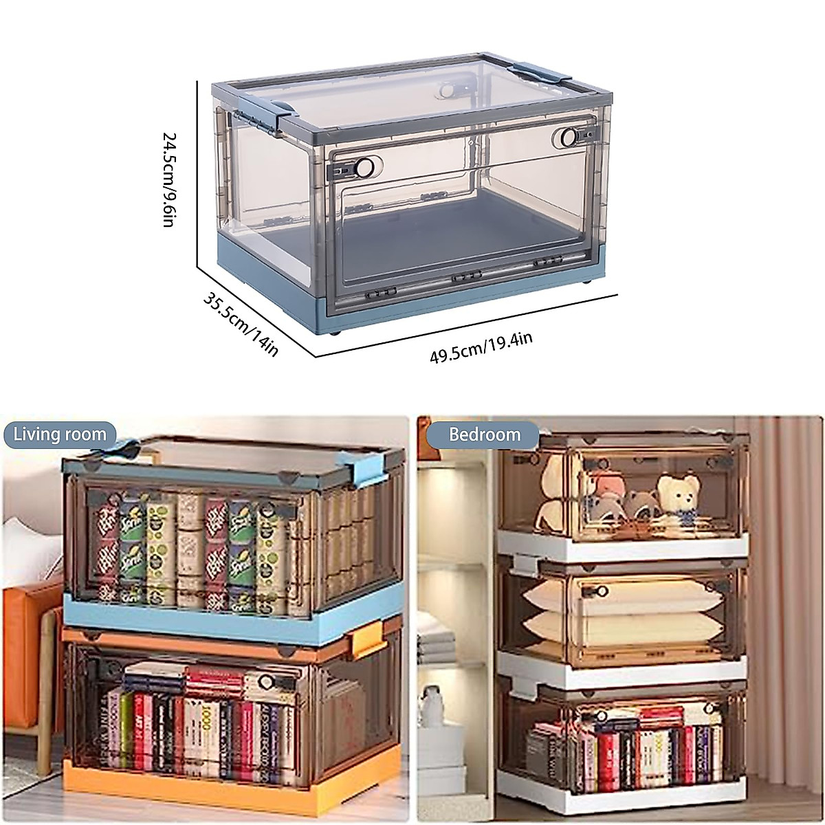 WMM Storage Bins with Lids 12Gal, Stackable Medium Storage Box, Dual Door Closet Storage Box, Foldable Storage Box for Homes and Dormitories(1Pack Blue)