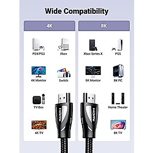 UGREEN 8K HDMI Cable 2.1 6.6FT 48Gbps Ultra High Speed HDMI Cord Braided 8K@60Hz 4K@120Hz, eARC HDR10 HDCP 2.2&2.3 HDMI Cable Compatible with PS5/Xbox Series X/Roku TV/HDTV/Blu-ray