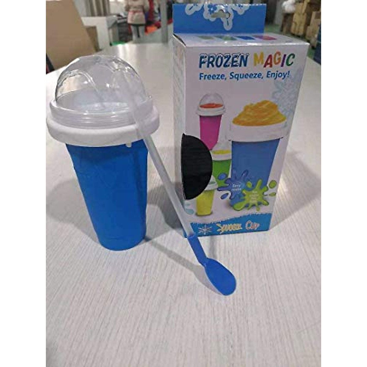 Slushy Maker Ice Cup Travel Portable Double Layer Silica Cup Children's Adult Slushy Ice Cup Pinch Cup Hot Summer Cooler Smoothie Silicon Cup Pinch into Ice (Blue)