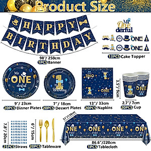 232 PCS Mr Onederful Birthday Decorations - Blue Gold Birthday Plates, Napkins, Cups, Balloons, Birthday Banner, Cake Topper and Tablecloth for Baby Shower 1st Birthday Boy Decorations, Serve 20