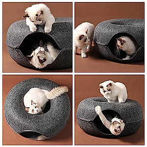 Bininl Cat Tunnel,Peekaboo Cat Cave Bed for Indoor Cats,Cat Donut Tunnel for Pet Cat House,Detachable Round Cat Felt & Washable Interior Cat Play Tunnel(24 Inch, Dark Grey)