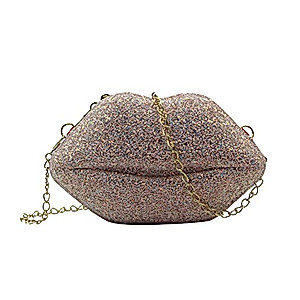 Womens Glitter Lip Purse Evening Bag PU Banquet Crossbody Shoulder Bag for Women