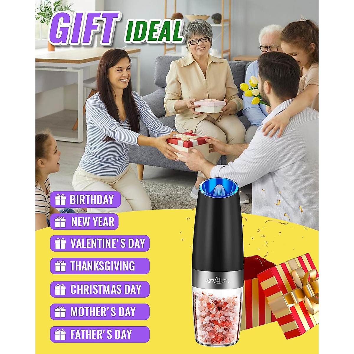 Gravity Electric Salt Ginder Pepper Grinder, Automatic Pepper and Salt Mill Grinder Battery-Operated with Adjustable Coarseness, LED Light, One Hand Operated