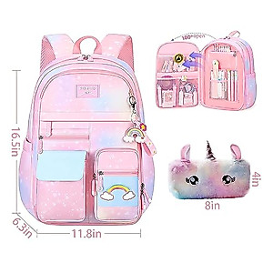 Hcveucn Kawaii Backpack Pink Girls School Backpacks Starry Rainbow Backpack Cute Bookbag Elementary School Laptop Backpack Travel Bag (Pink,16.5Inch)