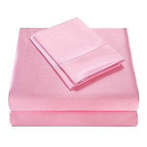 Homiest 4pcs Satin Sheets Set Luxury Silky Satin Bedding Set with Deep Pocket, 1 Fitted Sheet + 1 Flat Sheet + 2 Pillowcases (Queen Size, Pink)