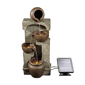 Teamson Home 28 in. Cascading Bowls and Stacked Stones LED Outdoor Water Fountain for Outdoor Living Spaces to Create a Calming Oasis in Gardens and Landscaping, on Patios, Balconies, Lawns, Brown