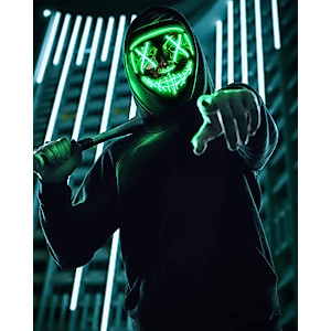 Colplay LED Light Up Halloween Mask,Scary Glow LED Face Mask with 3 Lighting Modes & El Wire for Costume&Cosplay Party.Adjustable&Eco-Friendly Material for Men Women Kid-Green