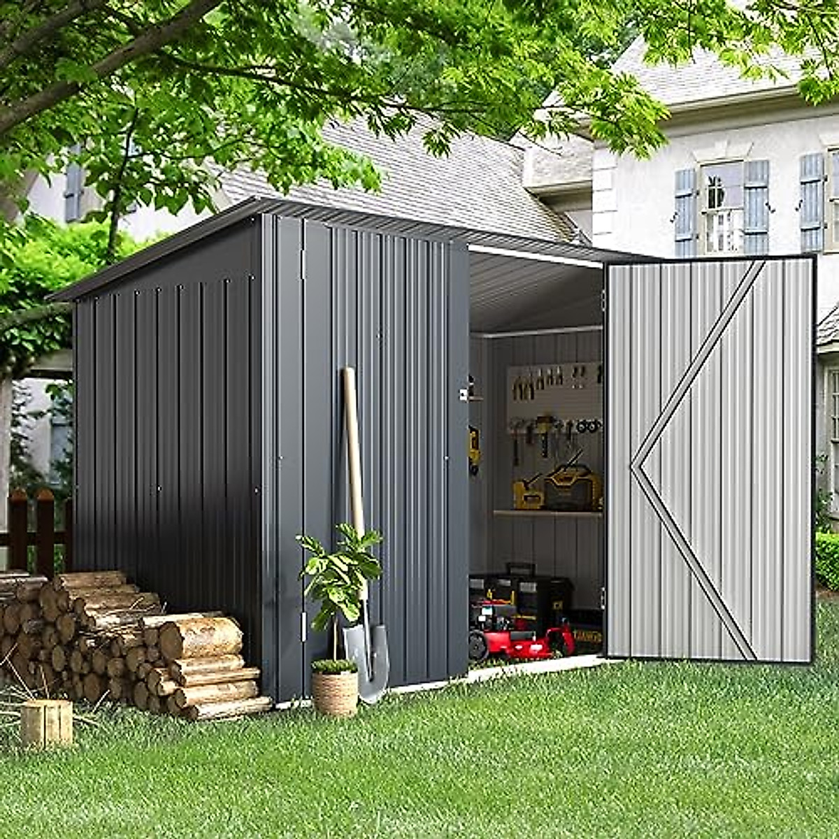 AECOJOY Storage Shed, 3 x 7 Ft Horizontal Bike Sheds & Outdoor Storage, Small Metal Outdoor Storage Cabinet for Garden
