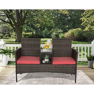 BPTD Outdoor Patio Loveseat Patio Furniture Set Rattan Patio Bistro Set Wicker Conversation Furniture Sets with Cushios and Built-in Coffee Table for Balcony, Lawn, Backyard (Brown/Red)