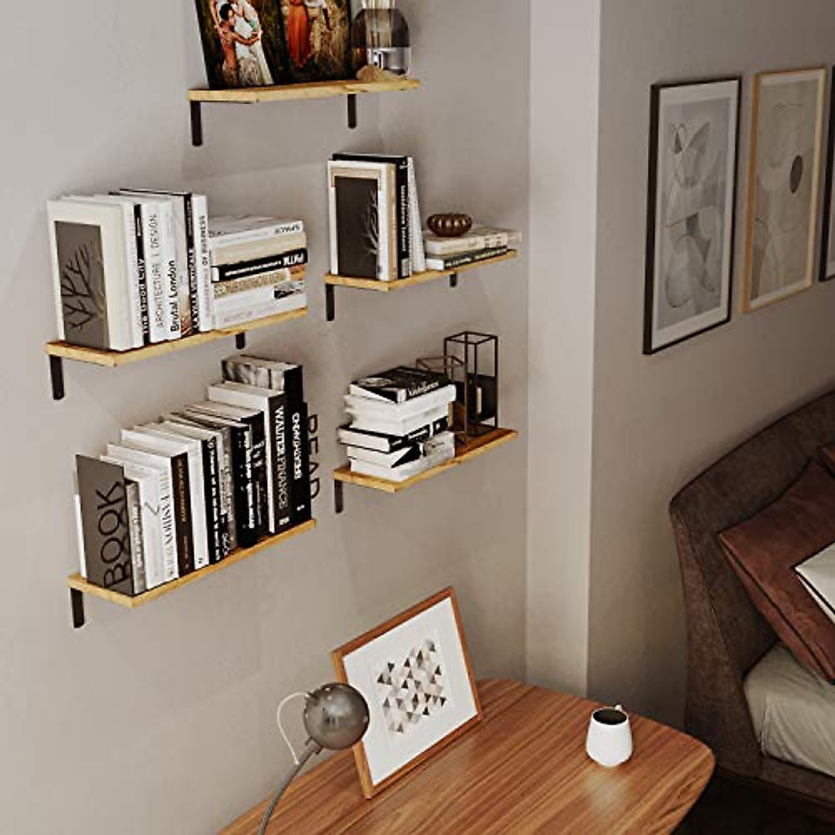 Wallniture Palma Floating Shelves for Wall, Rustic Wood Wall Shelves for Bedroom Storage, Natural Burned Small Bookshelf Set of 5