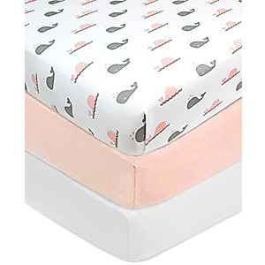American Baby Company 3 Pack Fitted Crib Sheets 28" x 52", Soft Breathable Neutral 100% Cotton Jersey Sheet, Pink Whale/Blush/White, for Boys and Girls, Fits Crib and Toddler Bed mattresses