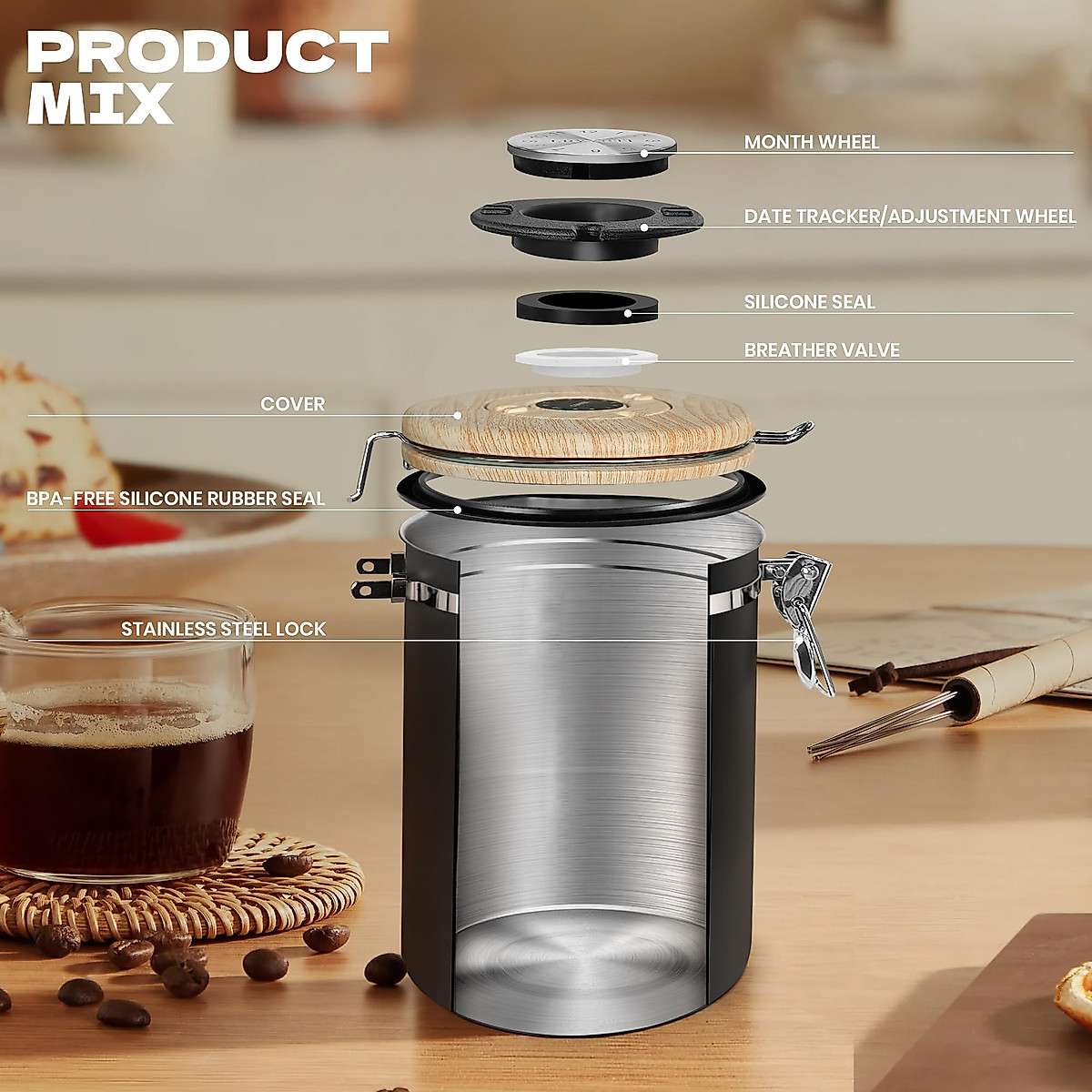 LRYYBTI Coffee Canisters Food Jar Canister Airtight Coffee Bean Storage Container with Scoop Date Tracker & CO2 Release Valve 22Oz Black