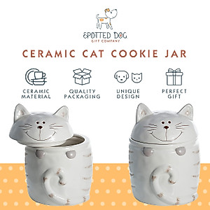 SPOTTED DOG GIFT COMPANY Cat Cookie Jar with Lid, Ceramic Kitchen Canister for Countertop, Cute Novelty Food Storage Container, Cat Kitchen Accessories Decor Gifts for Cat Lovers, White 47oz