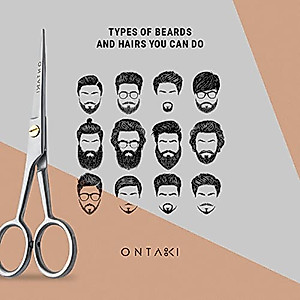 ONTAKI 5" Professional German Steel Beard & Mustache Barber Scissors - 2 Comb & Carrying Pouch - Hand Forged With Bevel Edge For men - Men’s Facial Hair Grooming Kit Body or Facial Hair (Silver)