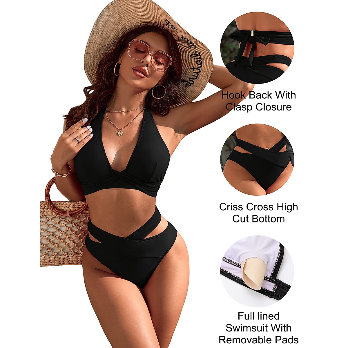 Blooming Jelly Womens High Waisted Bikini Sets Cheeky High Cut Two Piece Swimsuit Cute Sexy Halter Push Up Bathing Suits (X-Large, Black)