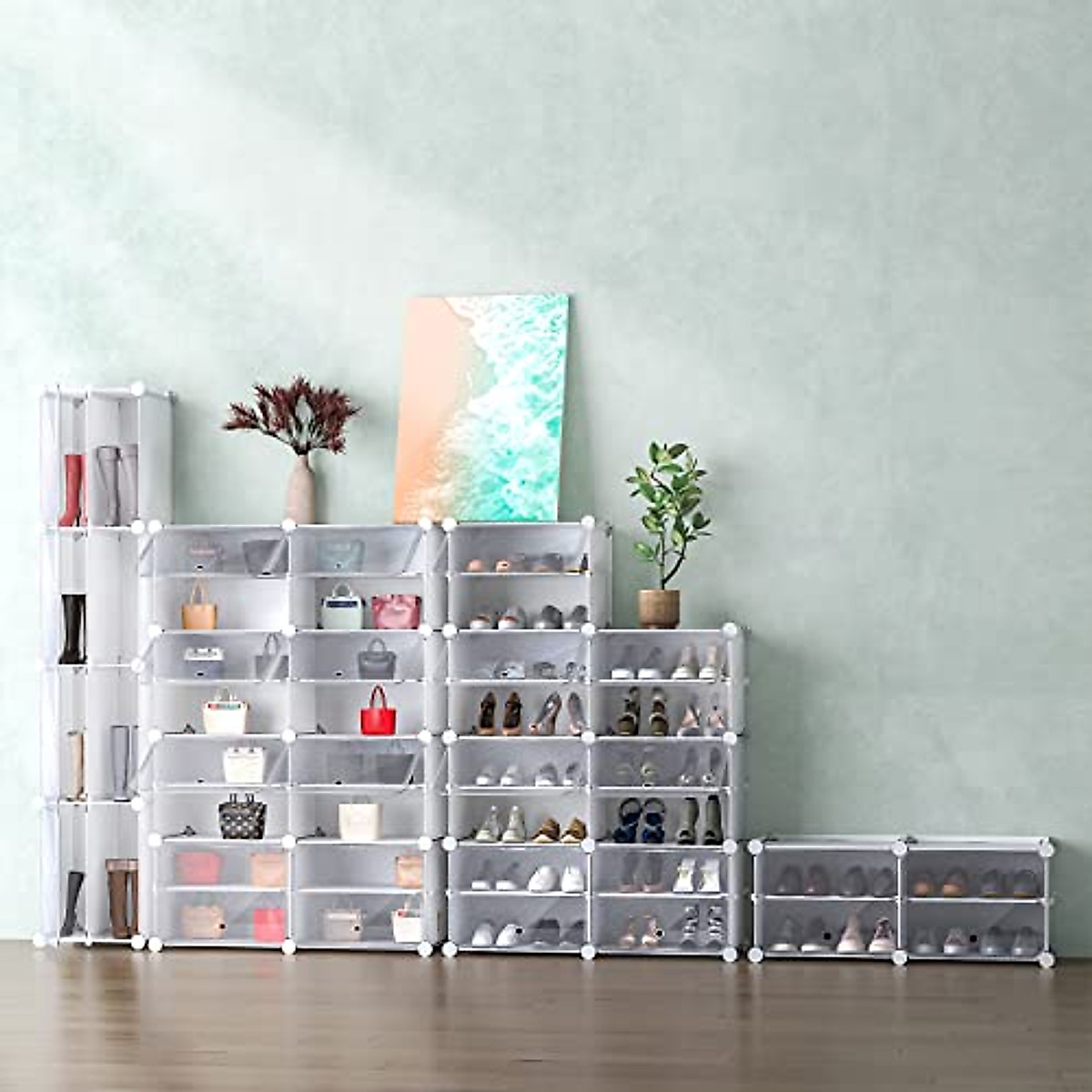 UNZIPE 8 Cube 32 Pairs Shoe Storage Cabinet Bundle with 23x24 inch Gold Asymmetrical Mirror Wall for Entryway Decor