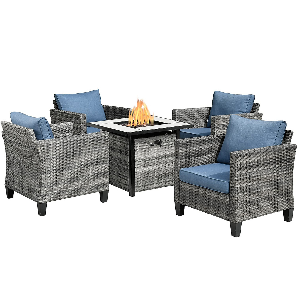 ovios 5-Pieces Patio Furniture Set, Outdoor Wicker Chairs of 4 with 30-inches Fire Pit Table, High Back Rattan Chair Set for Porch Deck Garden (Denim Blue)