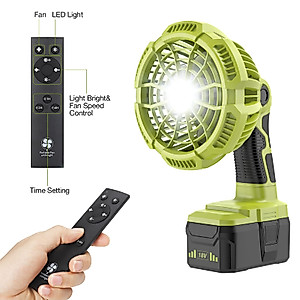 DTEZTECH 7 Inch Camping Fan Powered by Ryobi ONE+ 18V Li-ion Ni-CD Ni-MH Battery, 3 Speed Handheld Fan with Remote, 9W LED Work Light, Small Personal Portable Fan for Home Travel Outdoor Garage Office