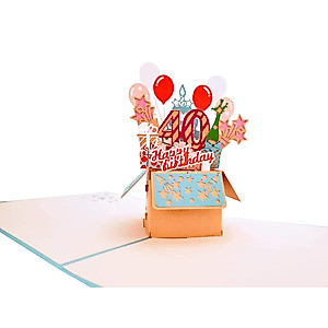 iGifts And Cards Happy 40th Blue Birthday Party Box 3D Pop Up Greeting Card – Forty, Awesome, Balloons, Presents, Unique, Celebration, Feliz Cumpleaños, Congrats, Fun