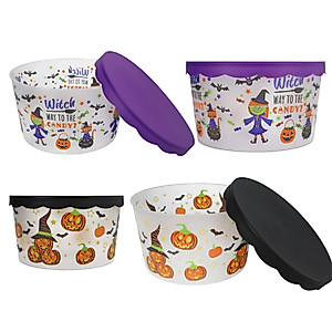 RE8TIESS Halloween-Themed Containers with Lids, 8x4.625 Inches Storage Containers for Trick or Treat Candies Cookies Food Crafts Nic-Knacks Baked Goodies Condiments Pack of 4 with Bonus Ruthjla