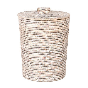 Kouboo La Jolla Rattan Round Plastic Insert & Lid, Large, White-Wash for Bedroom, Living Room and Bathroom Basket for Dry or Organic Waste