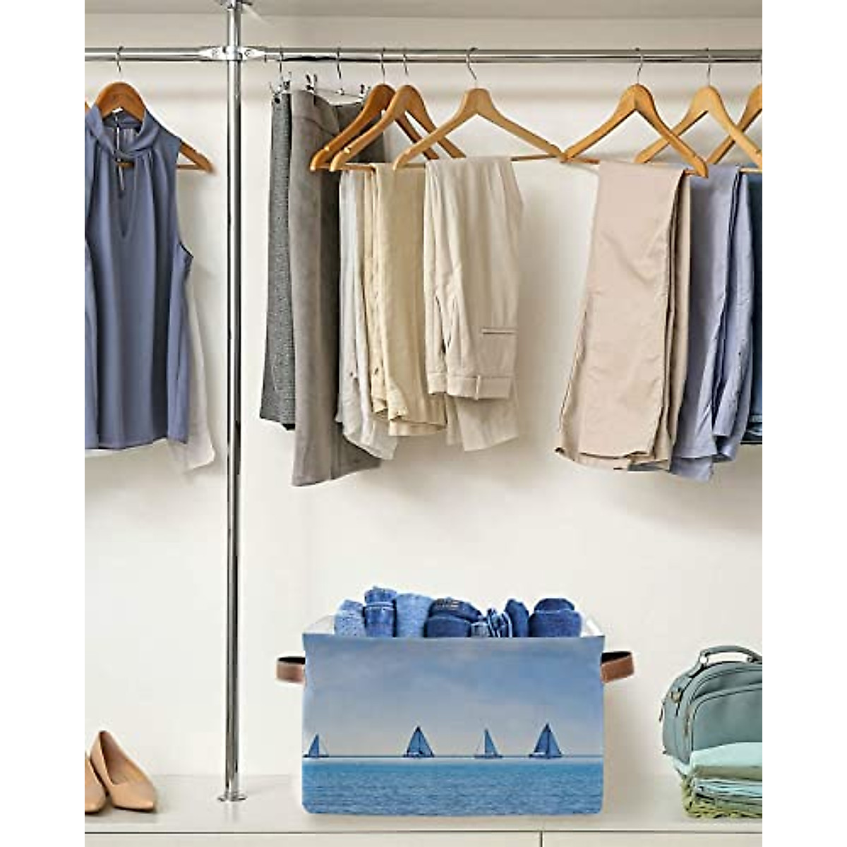 Blue Wide Sea Sailboat Storage Bins, Collapsible Cube Storage Organizer with Handles, Sea Horizon Sky White Clouds Waterproof Clothes Hamper Storage Basket for Toys/Blanket 15"x11"x9.5"