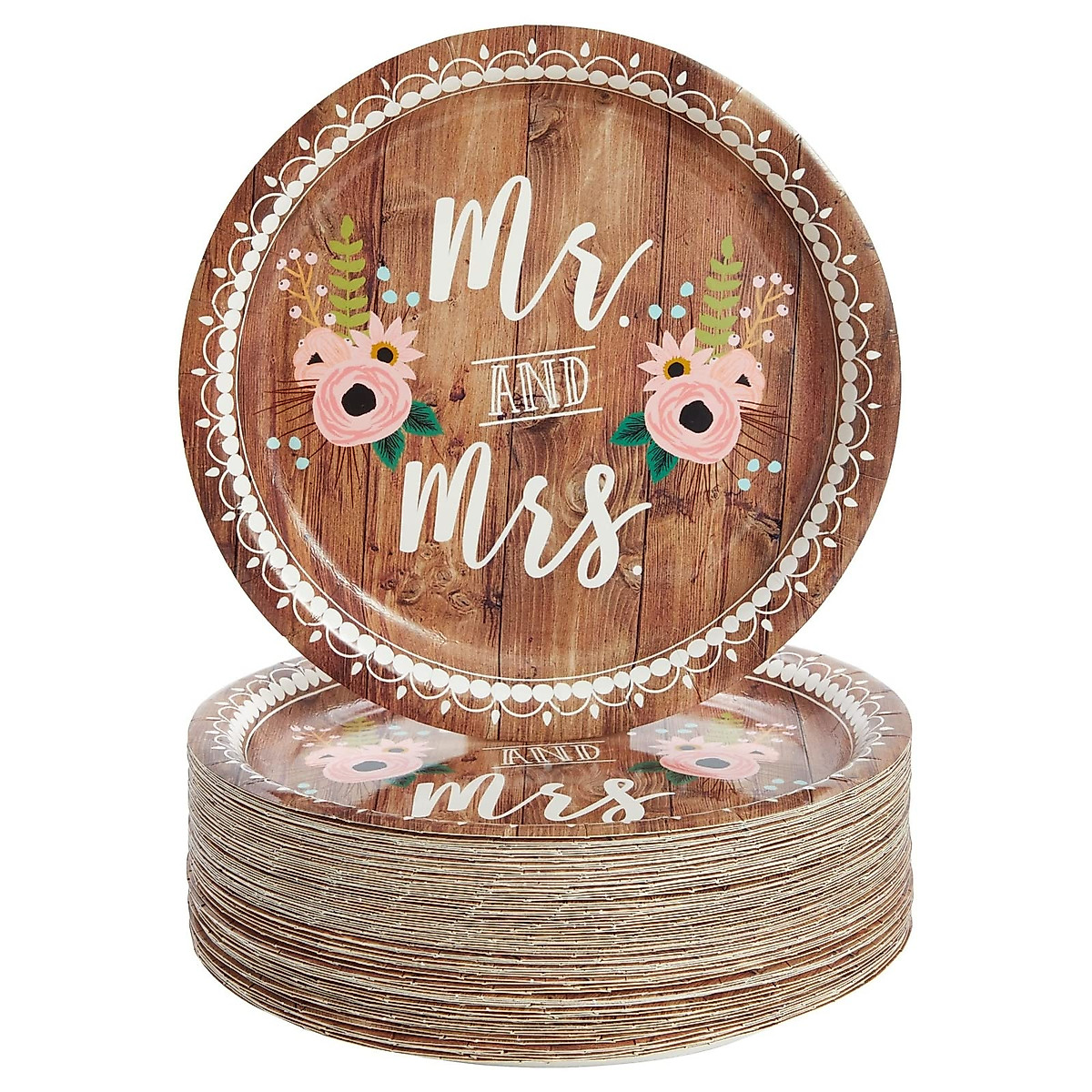 BLUE PANDA 80-Count Wedding Paper Plates, Disposable Mr and Mrs Rustic-Style Reception, Bridal Shower, Country Wedding Decorations, Engagement Party Supplies (9 in) Bulk Pack