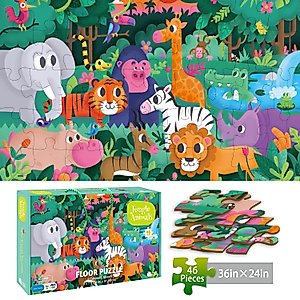 TAOZI&LIZHI Jumbo Jigsaw Puzzles, Jungle Animals, Large Floor Puzzle for Kids Ages 3-5, 4-8, Christmas Toddler Puzzles with Hand-held Gift Box, Preschool Learning & Education Toys(46 pcs, 2 x 3 feet)