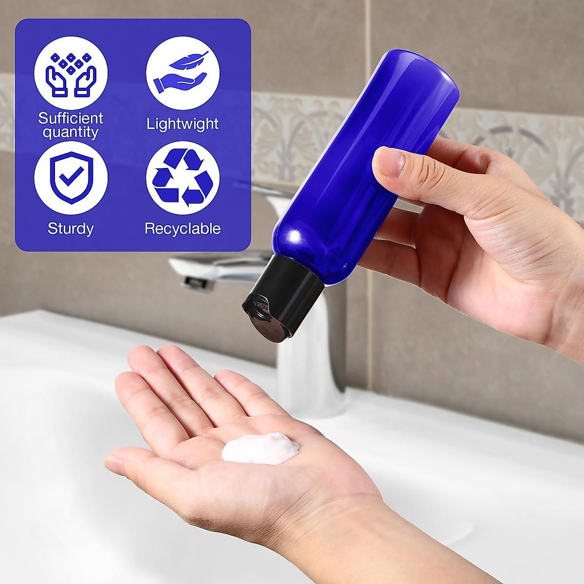 50pcs 4oz Empty Plastic Travel Bottles with Disc Top Flip Cap Small Travel Size Bottles Blue Plastic Bottles Refillable Empty Containers for Shampoo Lotion Liquid Body Soap Cream Toiletries