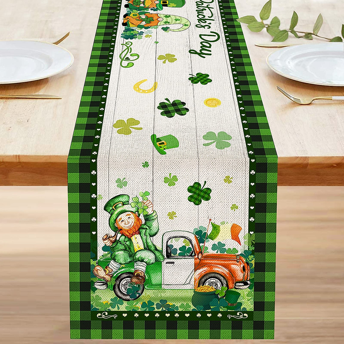 St Patricks Day Table Runner 72 Inch Long, St Patricks Leprechaun Gnomes Table Runner, Shamrocks Green Truck Decorations for Home Dining Room