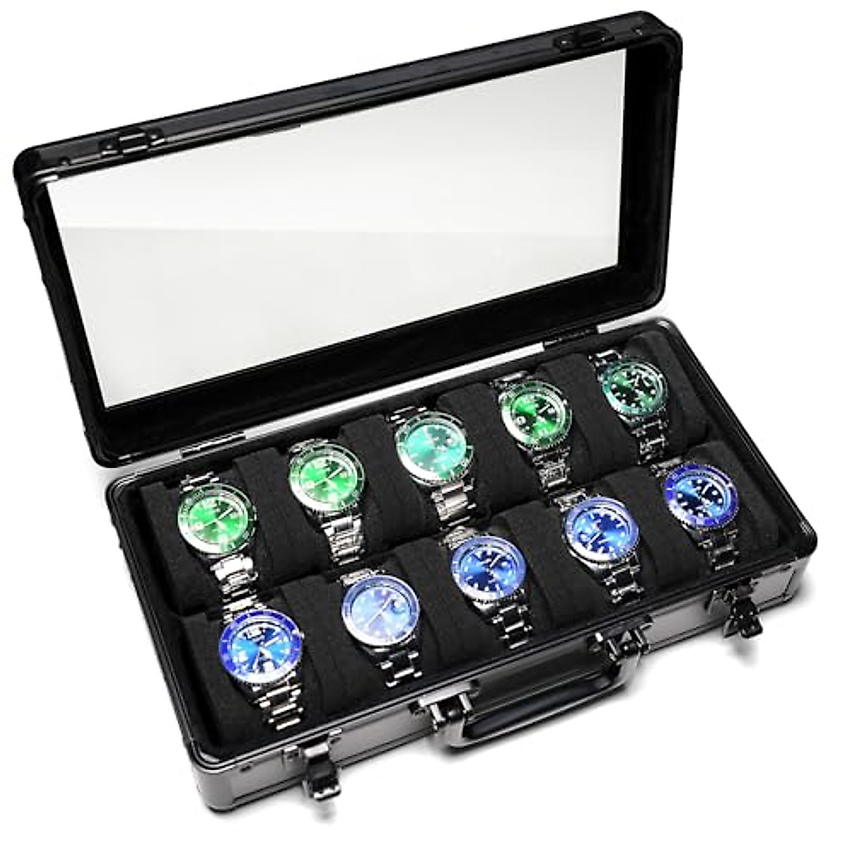 RIGICASE 10 slots Aluminum watch case for men, Luxury watch display storage organizer box with clear window, matt black metal watch cabinet fit watches up to 55mm face