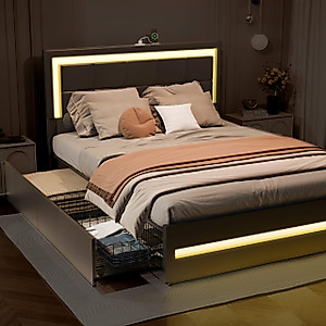 DYHOME Queen Bed Frame with LED Lights and 4 Storage Drawers, Upholstered Platform LED Bed Frame Queen Size with Charging Station Button PU Leather Headboard, No Box Spring Needed, Black