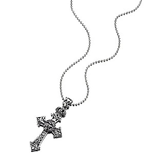 COOLSTEELANDBEYOND Stainless Steel Vintage Crown Lion Head Cross Pendant Necklace for Men Women, 30 inches Ball Chain