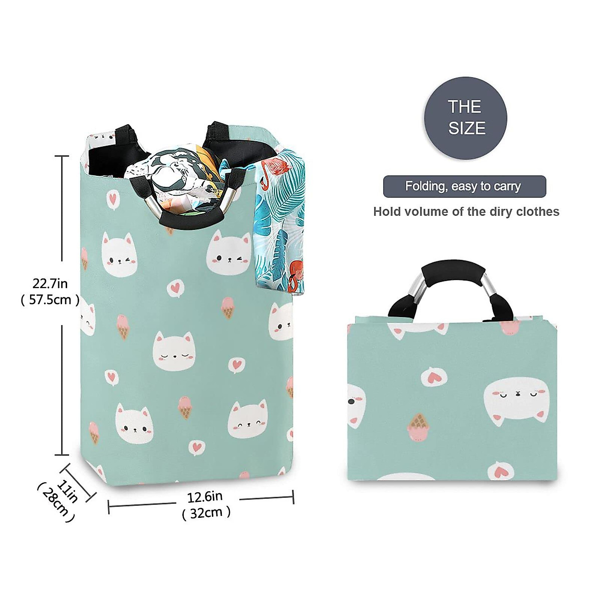 Kigai Laundry Hamper Basket Cat Face with Ice Cream Collapsible Nursery Storage Bin Waterproof Clothing Baskets for Home Bedroom Bathroom Washing Room