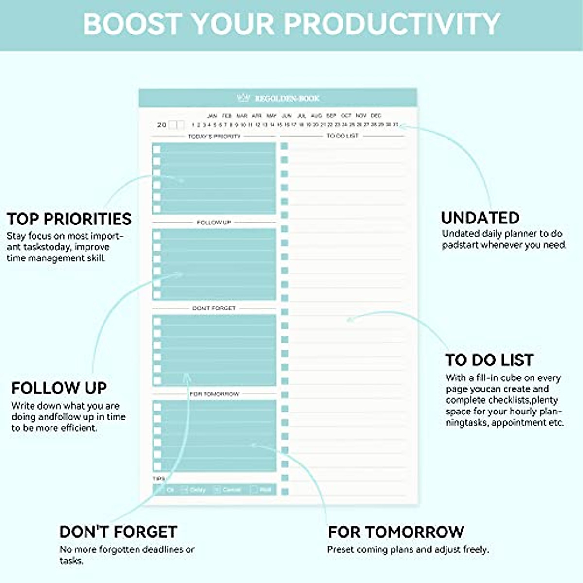 Regolden-Book To Do List Notepad - Daily Planner Notepad Undated, To Do List Planning Pad for Work, Checklist Note Pad for Personal Organized, 52 Sheets, Teacher/Men/Women, Teal (8.5"x5.5")