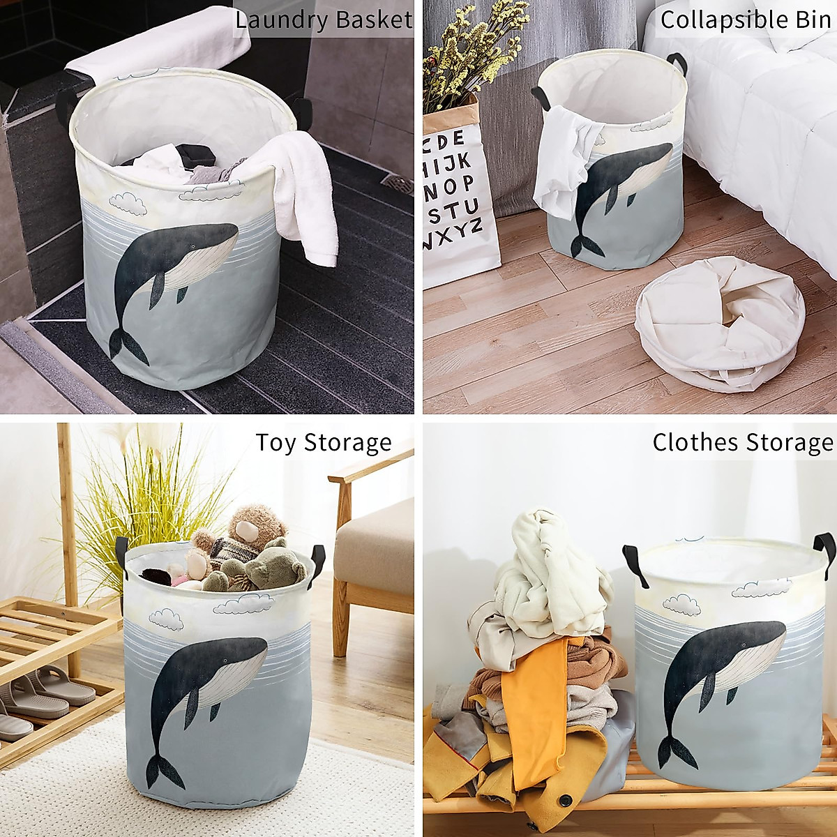 Whale Large Laundry Basket, Waterproof Laundry Hamper for Baby Clothes, Blue Sea Underwater Clouds Sky Cartoon Draw Foldable Laundry Baskets with Handles, 16.5''x17''