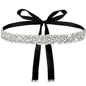 Telooco Bridal Wedding Waist Belt Silver Glitter Rhinestone Sash Belt Handmade Black Ribbon Crystal Belt for Bride Women Formal Dress