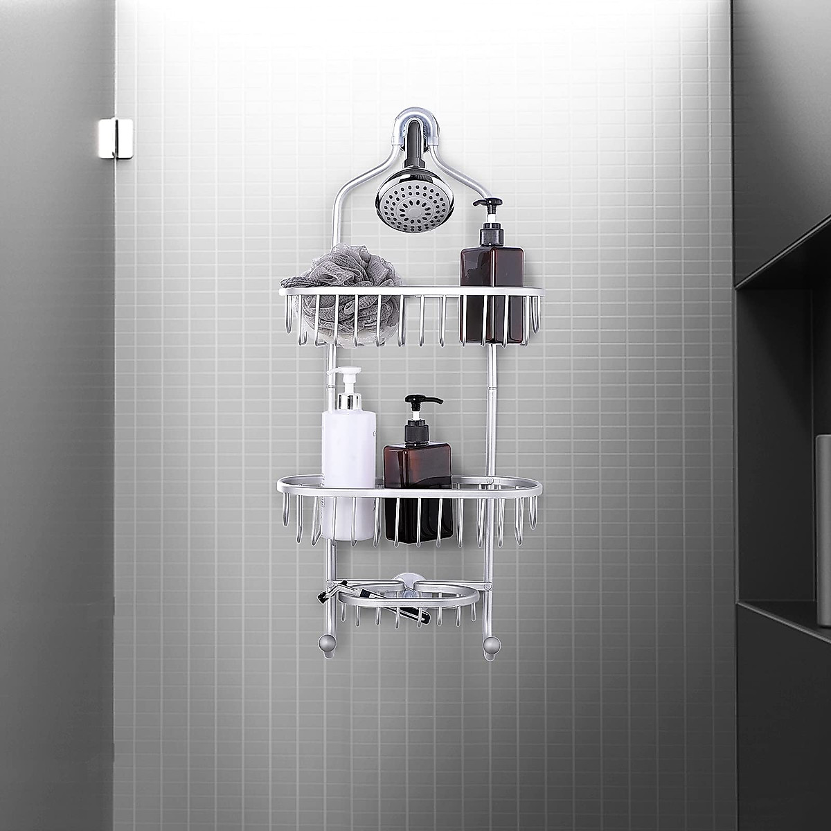 Dailyart Hanging Shower Caddy, Shower Head Caddy Hanging Storage Organizer over the Shower Head Aluminum Shampoo Holder with Extra Basket Hanging Shower Rack, Silver, 11.8" x 4.7" x 25"