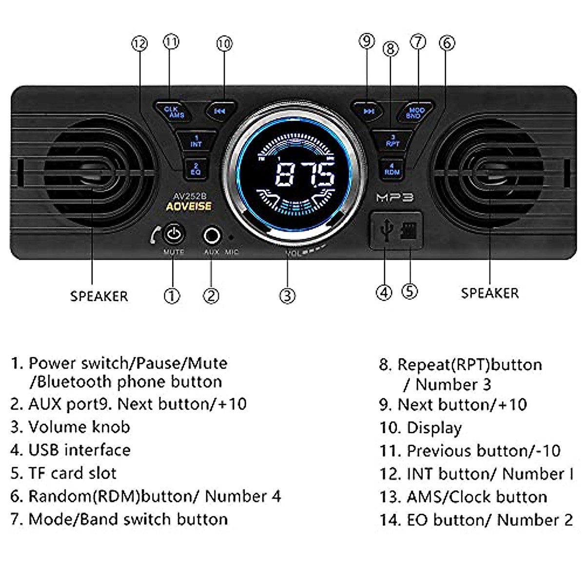 Boomboost AV252 12V 1 DIN SD Card FM Car Radio Stereo MP3 Radio Built-in Speakers with Bluetooth Host Speakers BT Hands Free Calling USB Charging