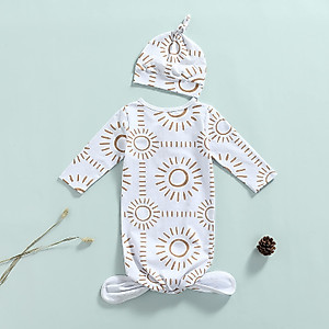 Tsseiatte Newborn Baby Boy Girl Knotted Gowns Long Sleeve Printed Sleeping Bag Coming Home Outfit Nightgown Pajamas Hat Set (C-Sun print white, 0-3 Months)