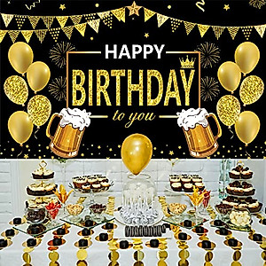 Black and Gold Happy Birthday Banner Decorations, Black Gold Happy Birthday Theme Backdrop Party Sign Supplies, 21st 30th 40th 50th 60th 70th 80th Birthday Poster Background Photo Booth Props Decor