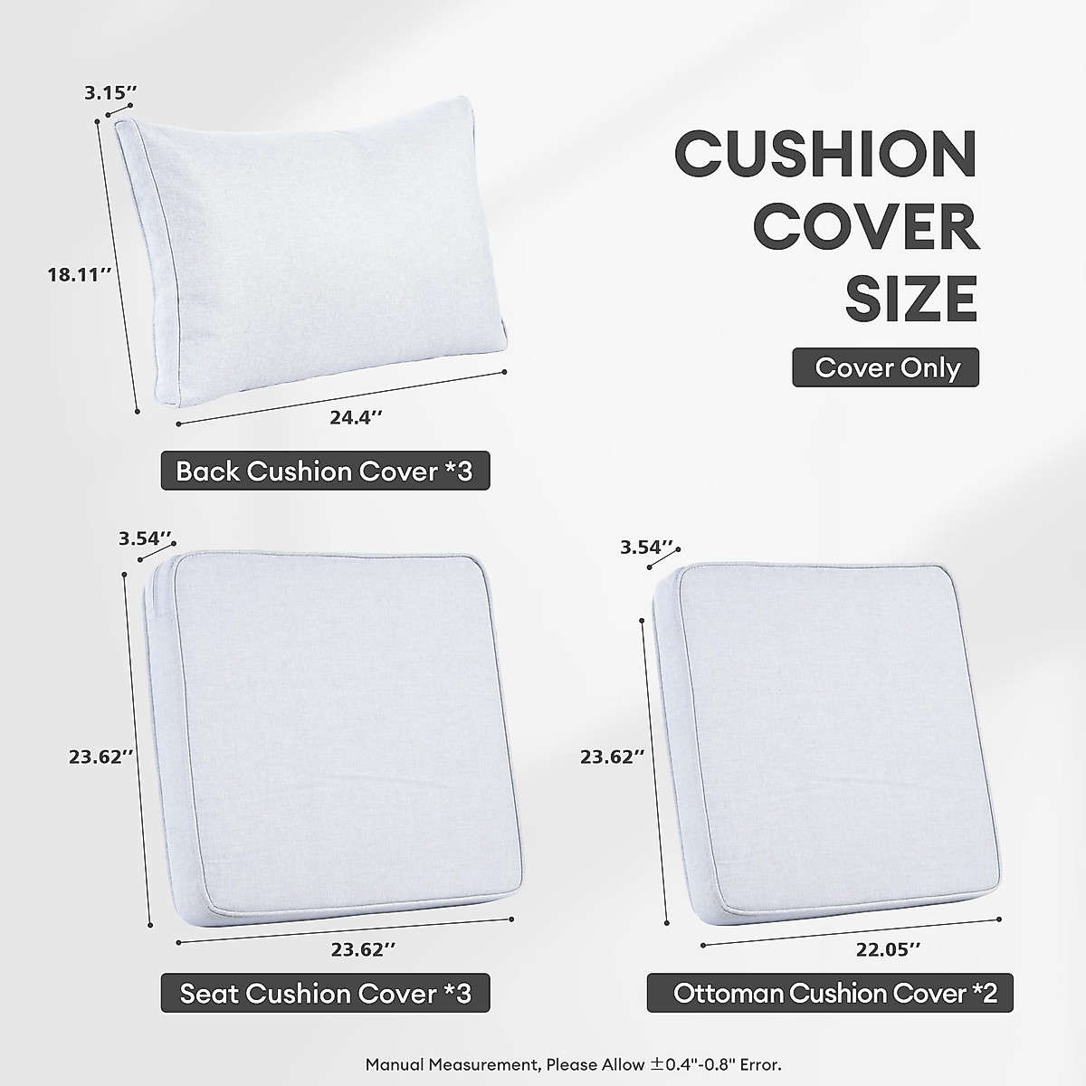 ovios Patio Cushion Covers, Waterproof Cushion Cover for Outdoor Furniture, Sofa, Couch, Ottoman Seat Back Cushion Cover with Zipper (8 Covers, Grey)