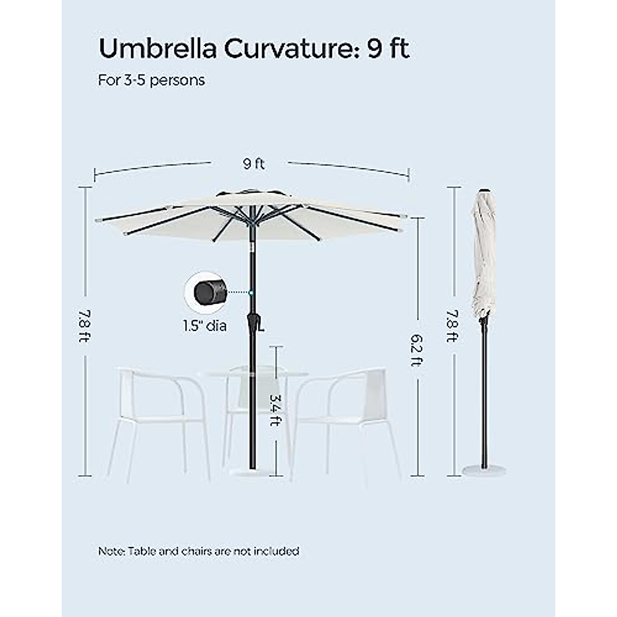 SONGMICS Patio Umbrella, 9 ft Outdoor Table Umbrella, Deck Umbrella, with 8 Ribs, UPF 50+, 30° Dual-Tilt System, Base Not Included, for Patio, Garden, Pool, White UGPU09BEV1