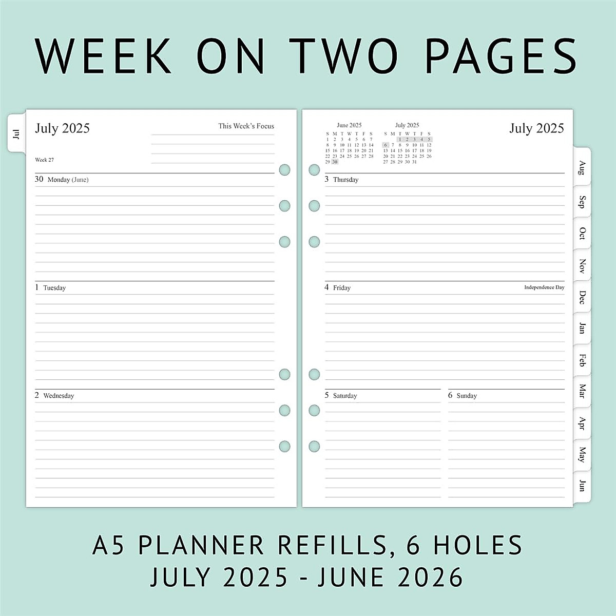 2023 Weekly & Monthly Planner Refill for A5 Ring Binder, 5-1/2" x 8-1/4", from January 2023 to December 2023, 6-Hole Punched