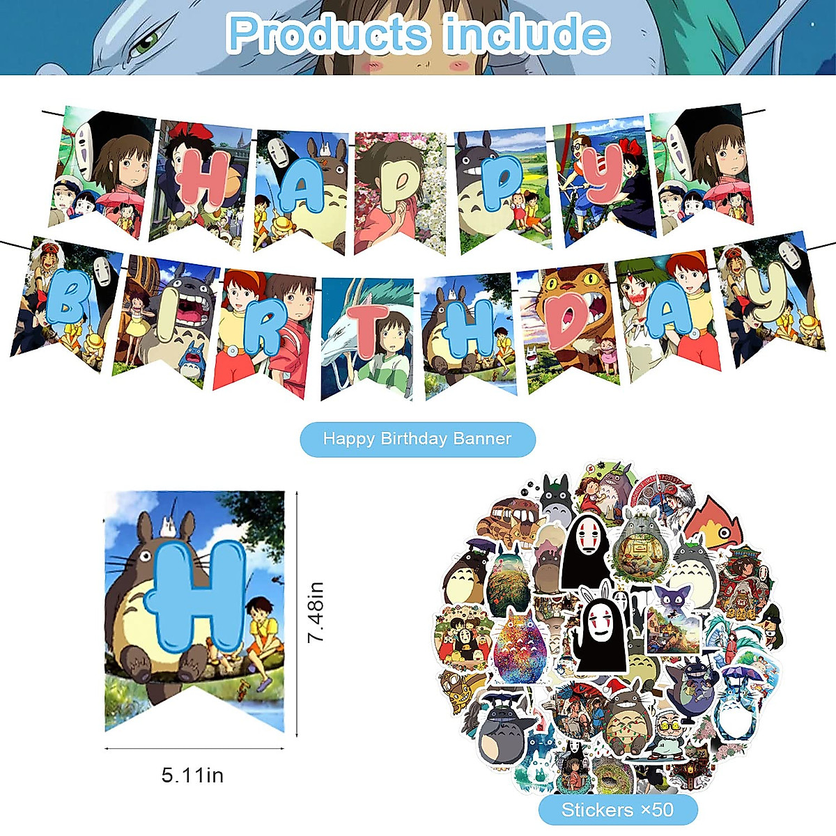 VERSAINSECT i Party Decorations,Birthday Party Supplies For Studio Ghibli Party Supplies Includes Banner - Cake Topper - 12 Cupcake Toppers - 18 Balloons -50 Studio Ghibli Stickers